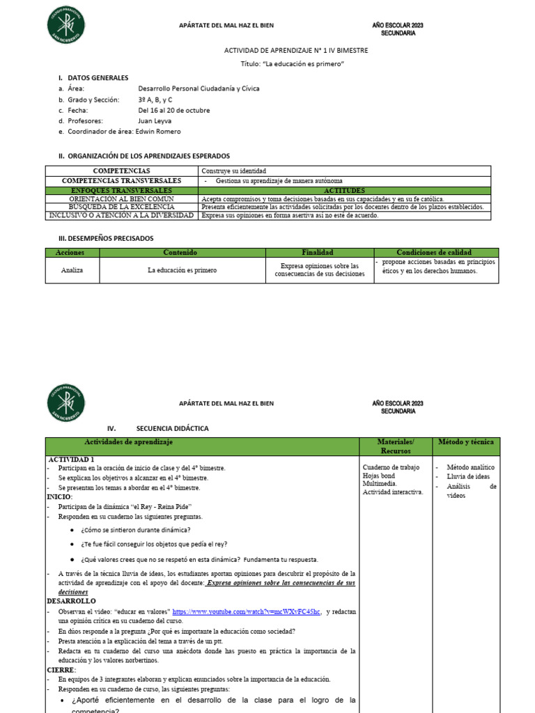 3° Sec - Actividad de Aprendizaje 01 - DPCC | PDF | Aprendizaje