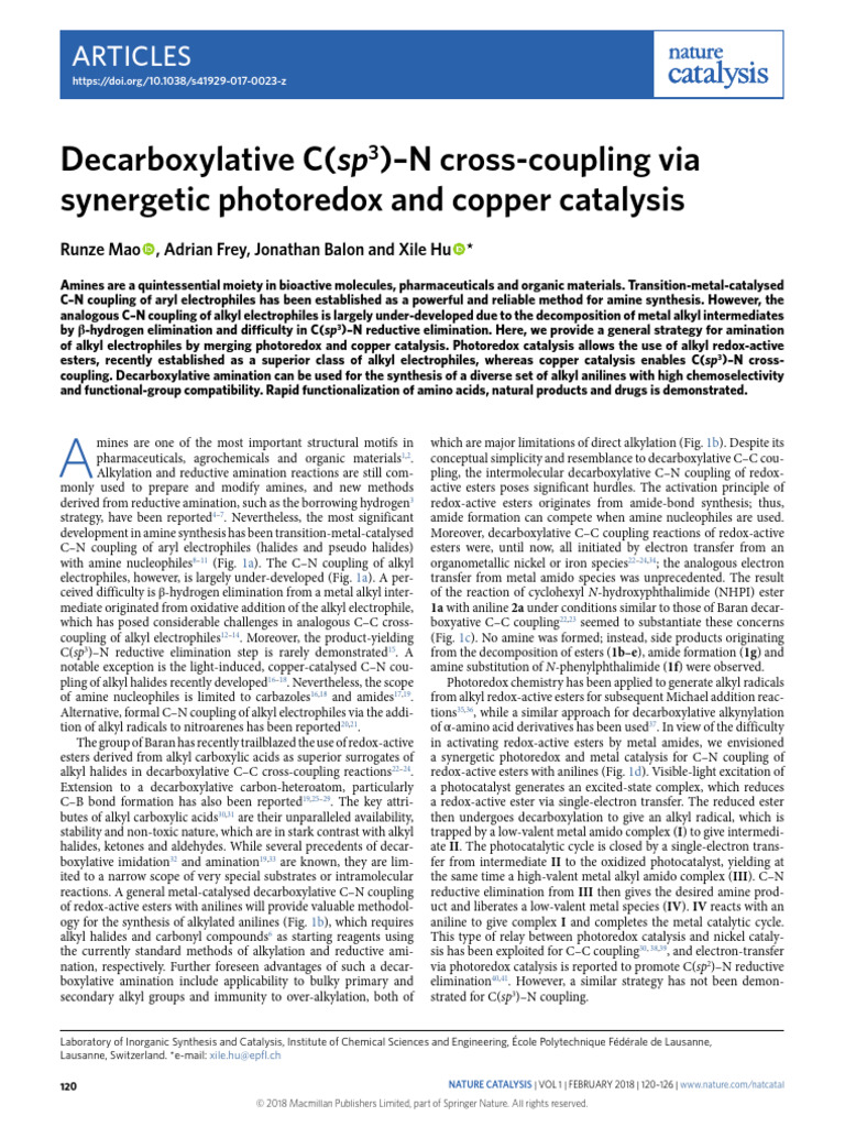 Decarboxylative C (sp3) - N Cross-Coupling Via Synergetic Photoredox ...