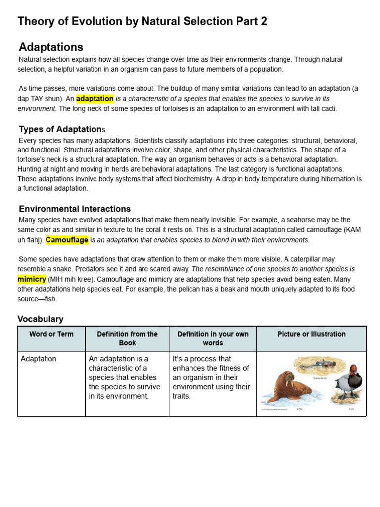 Theory of Evolution by Natural Selection Part 2 | PDF | Adaptation ...