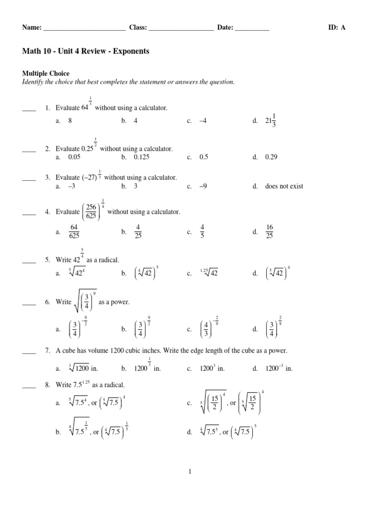 Unit 4 Review Exponents 1 | PDF | Sphere | Area