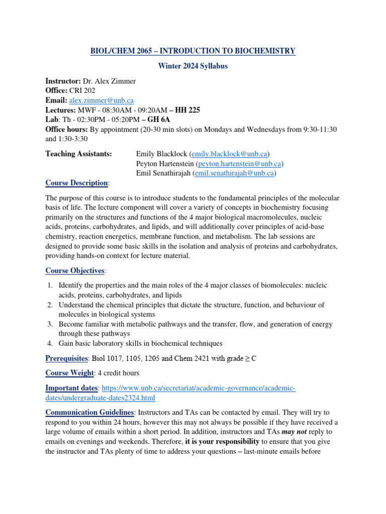 BIOL+CHEM 2065 - Winter 2024 Syllabus | PDF | Biochemistry | Chemistry