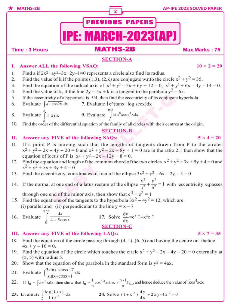 IPE: MARCH-2023 (AP) : Maths-2B | PDF | Ellipse | Circle