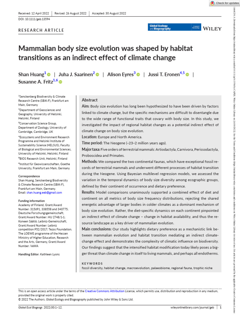 2022 Huang - Mammalian Body Size Evolution Was Shaped by Habitat ...