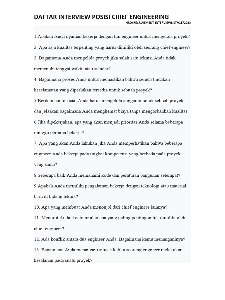 List Interview Chief Engineering | PDF