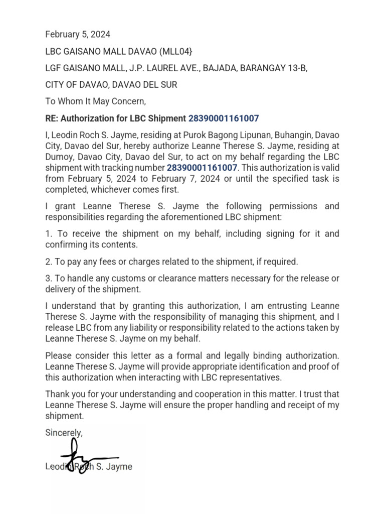 LBC Letter of Authorization and ID | PDF