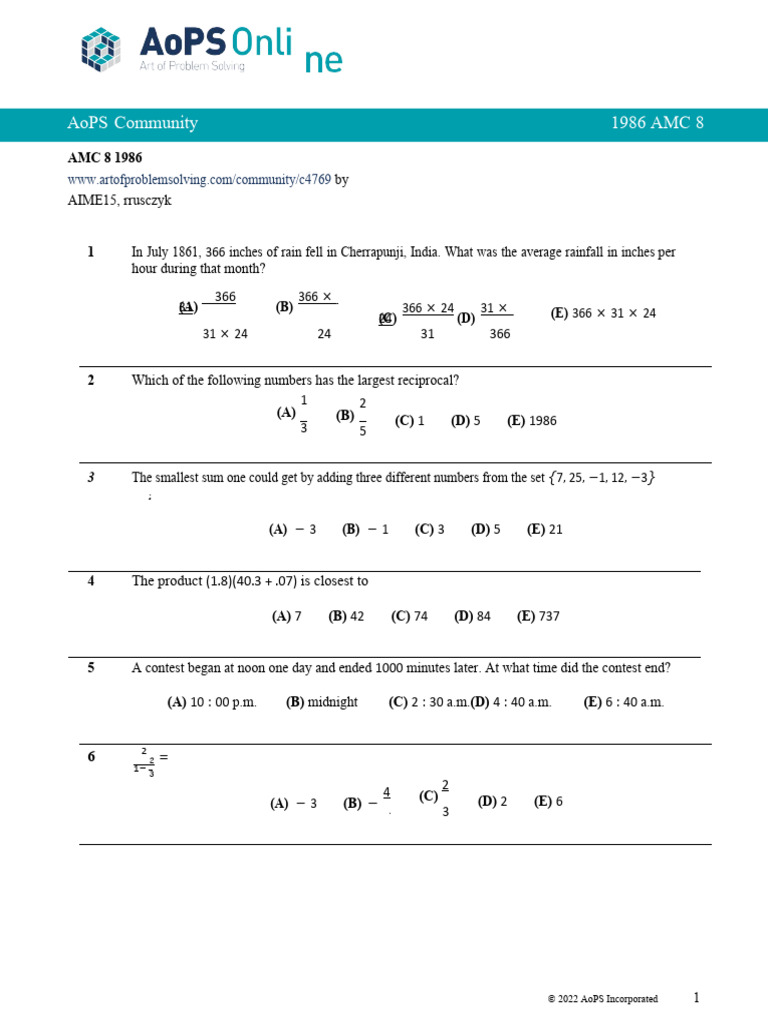 Amc8 1986 | PDF | Mathematics
