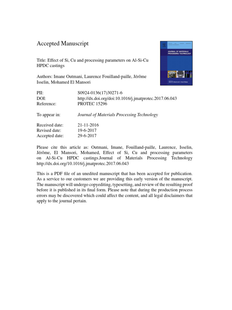 Effect of Si, Cu and Processing Parameters On Al-Si-Cu HPDC Castings ...