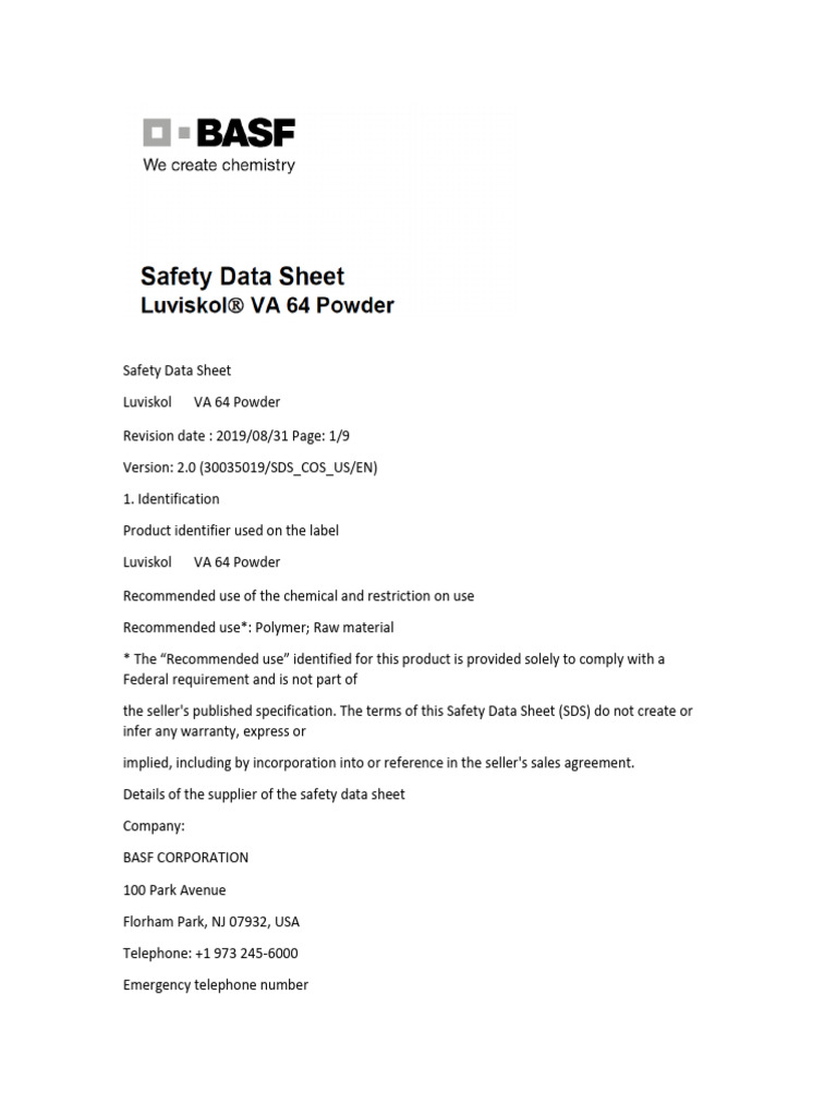 Luviskol VA 64 Powder Safety Data Sheet | PDF | Toxicity | Firefighting