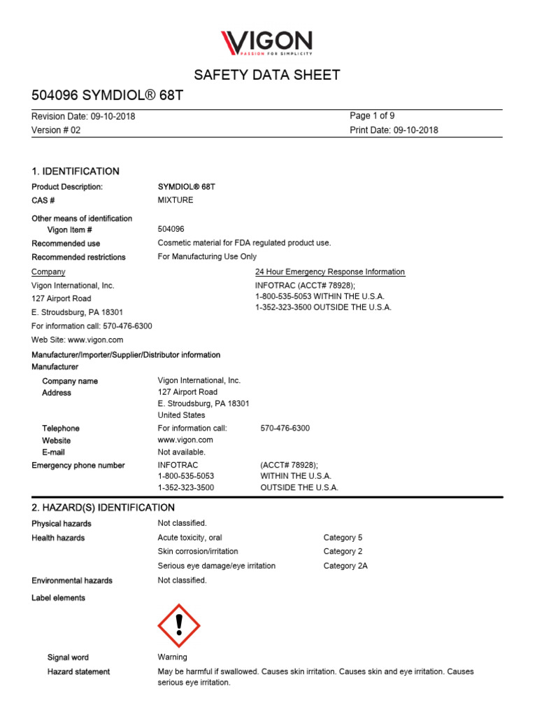 Symdiol 68T SDS | PDF | Dangerous Goods | Toxicity