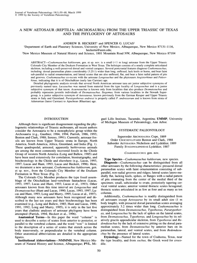 A New Aetosaur (Reptilia Archosauria) From The Upper Triassic of Texas ...