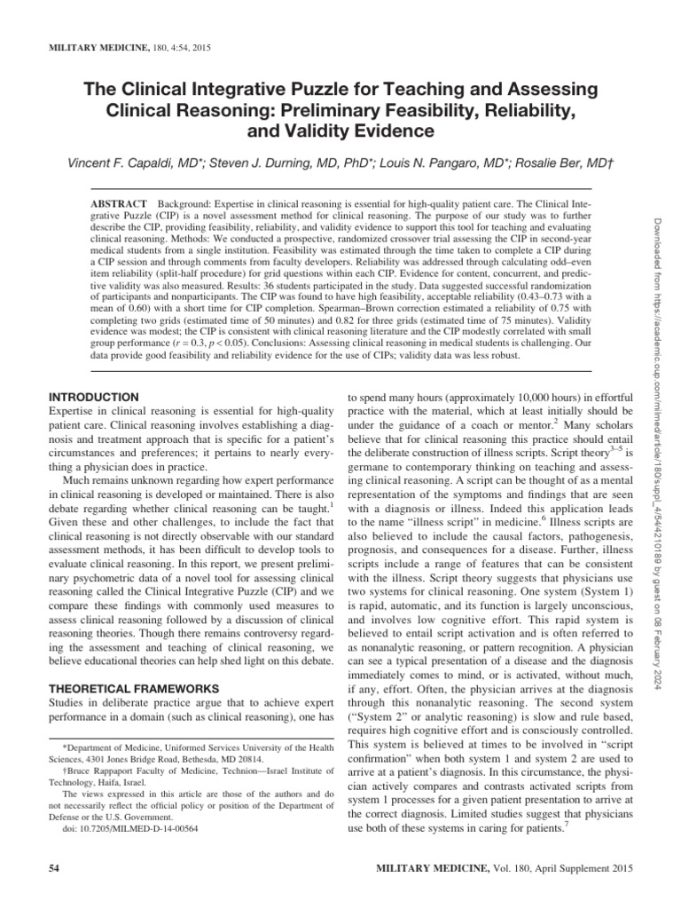 He Clinical Integrative Puzzle for Teaching and Assessing Clinical Reasoning Preliminary ...
