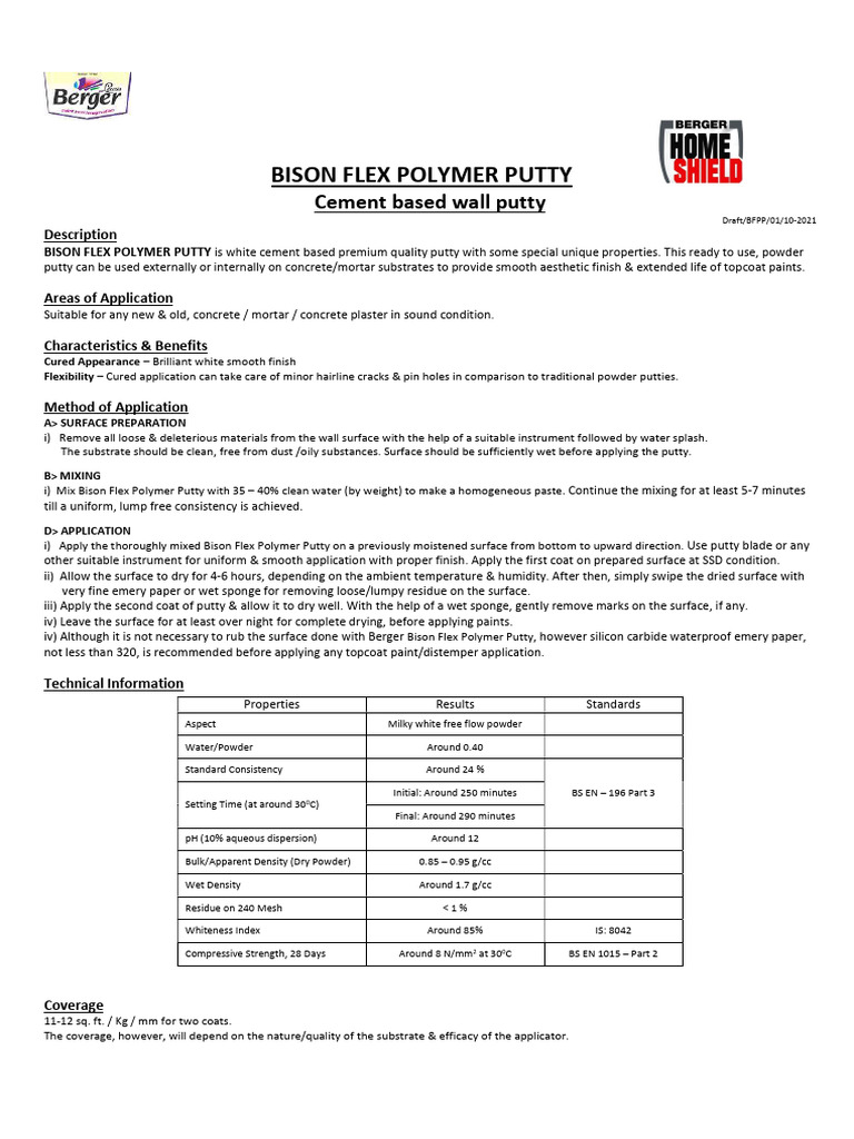 Berger BisonFlex Wall Putty DataSheet | PDF | Concrete | Paint