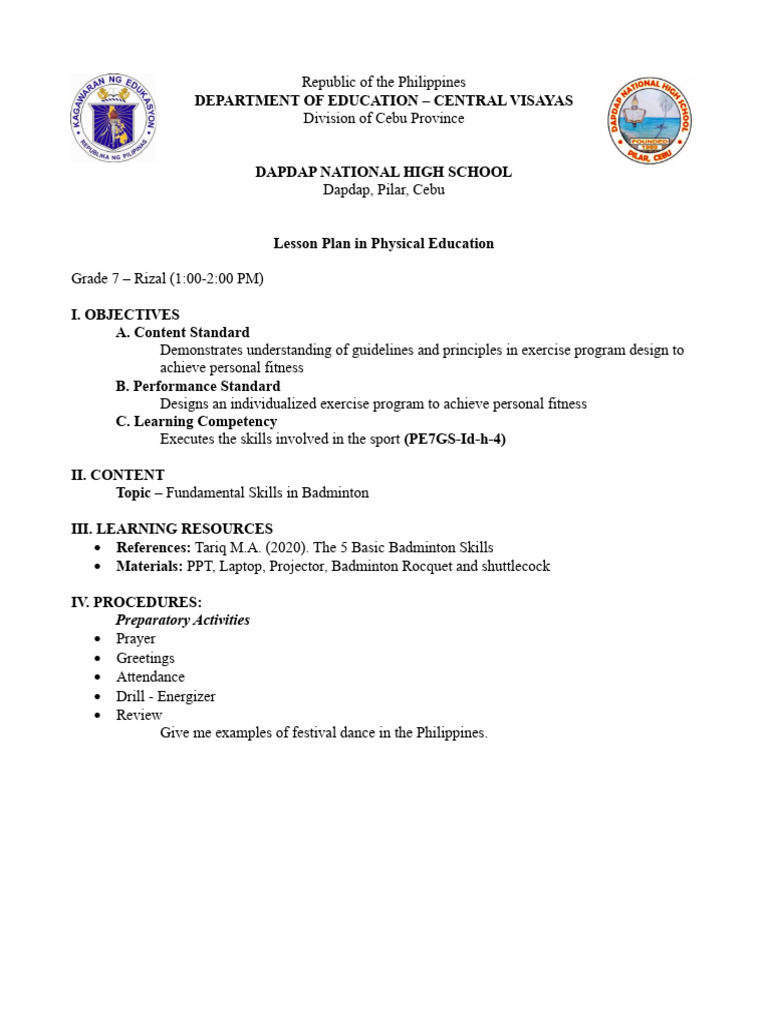 FINAL Lesson Plan (PE Badminton) | PDF | Lesson Plan | Teachers