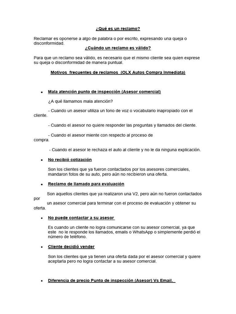 Manual de Reclamos OLX Autos para Call Center 2020 | PDF | Spamming