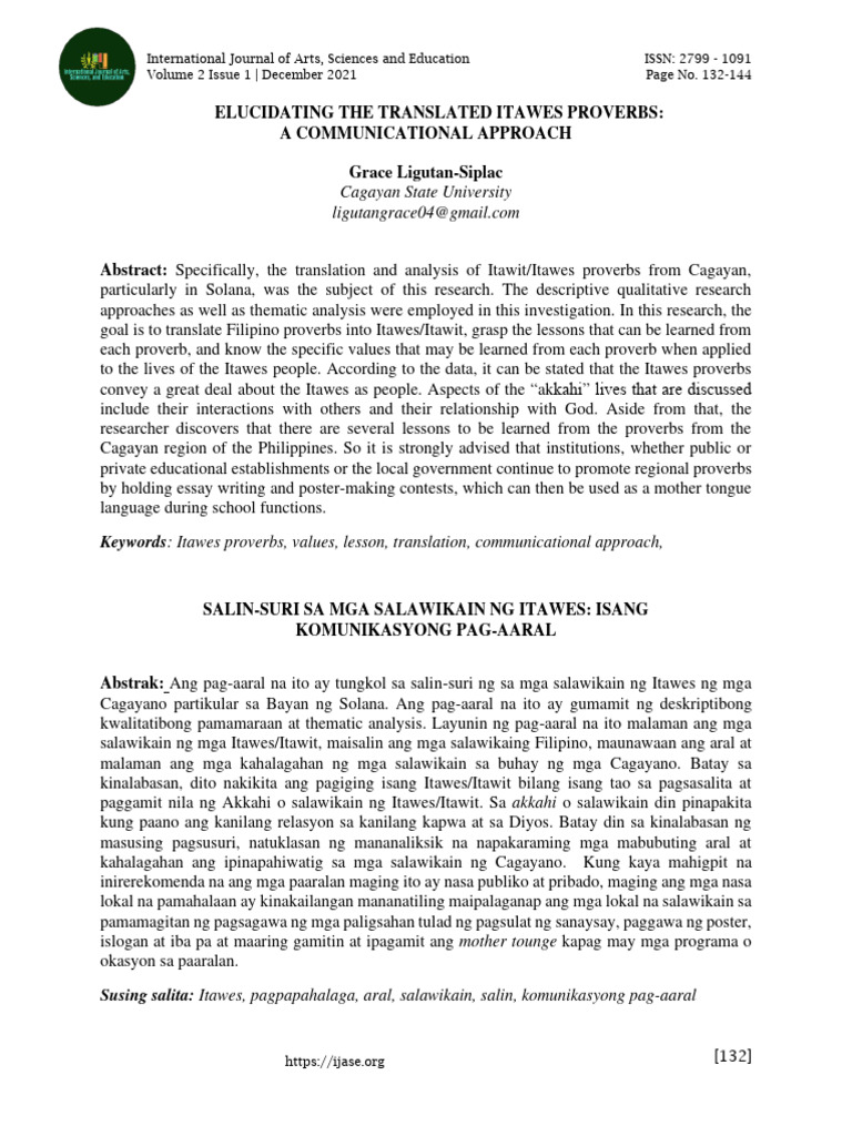 Cagayan State University: Keywords: Itawes Proverbs, Values, Lesson ...