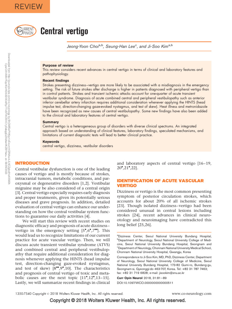 Central Vertigo | PDF | Vertigo | Stroke