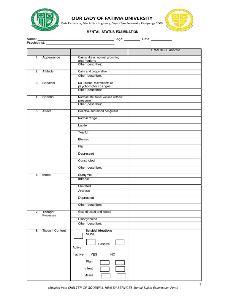 Skills Lab Ncmb317 Mental Status Examination Form | PDF | Cognitive ...
