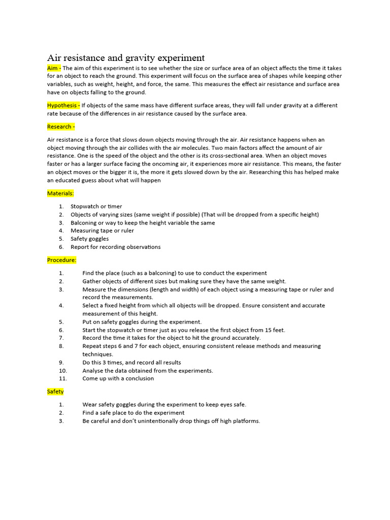 Air Resistance Science Experiment | PDF | Experiment | Weight
