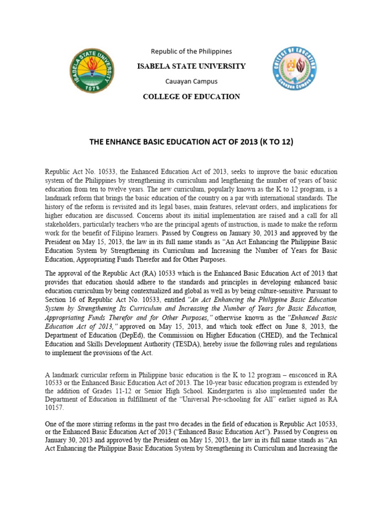 Enhanced Basic Education Act of 2013 | PDF | Curriculum | Teachers