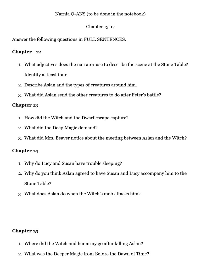 Chapter 13 To 17 Narnia With Answers | PDF | Aslan | The Chronicles Of ...