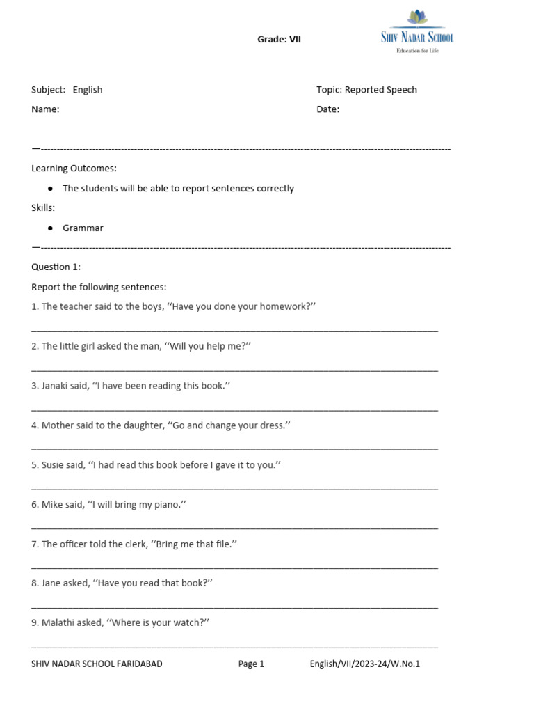 Reported Speech Worksheet | PDF | Learning
