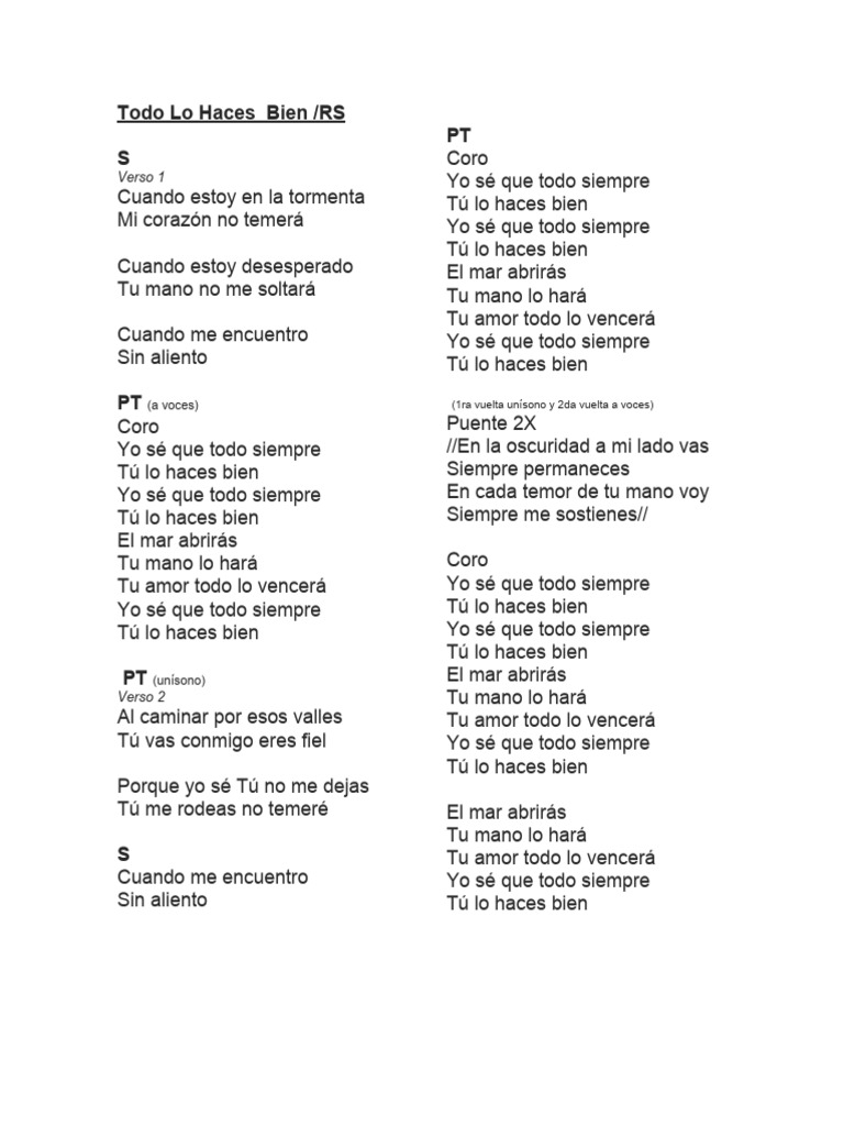 Todo Lo Haces Bien-Lyrics PRAISE TEAM. Rev SM | PDF