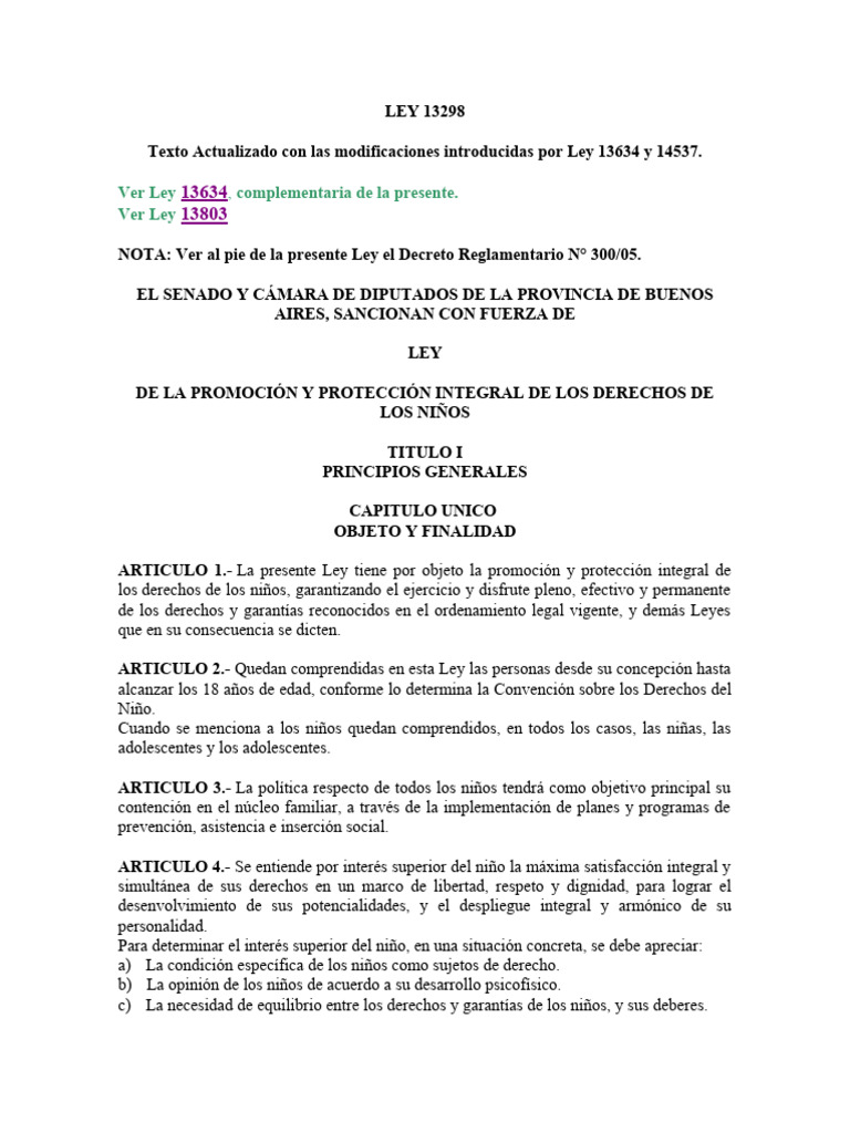 LEY 13298 Menores Bs - As | PDF | Derechos de los niños | Violación