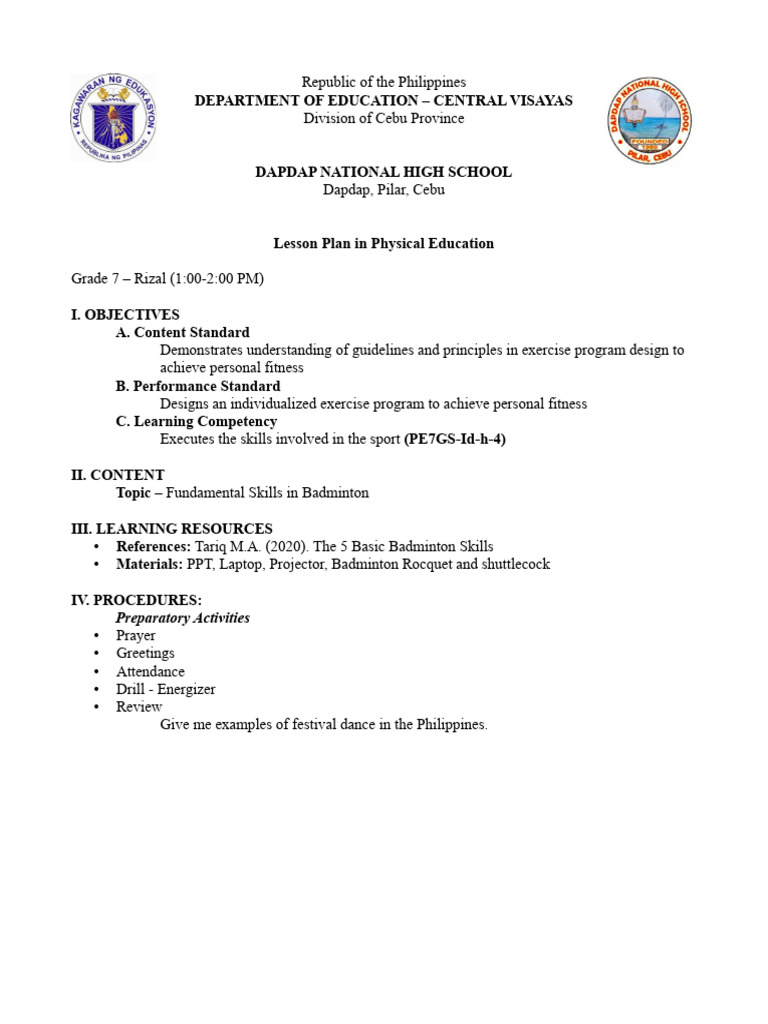 Grade 7 Badminton Lesson Plan | PDF | Lesson Plan | Teachers