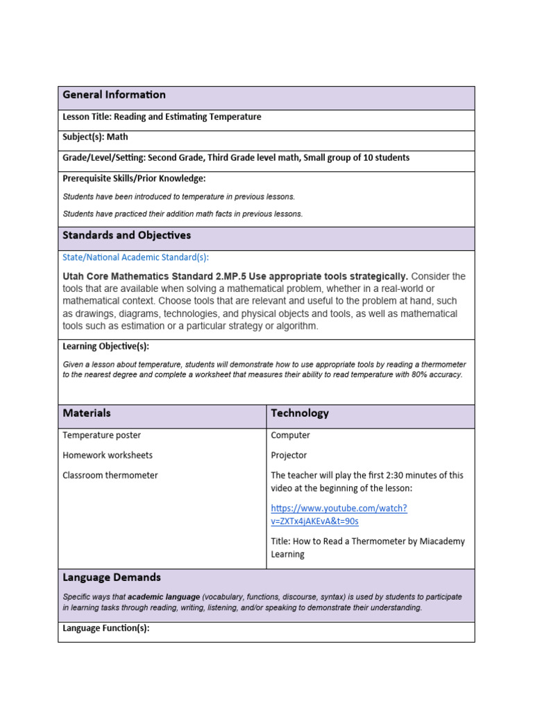 Observation 2 Lesson Plan | PDF | Temperature | Thermometer