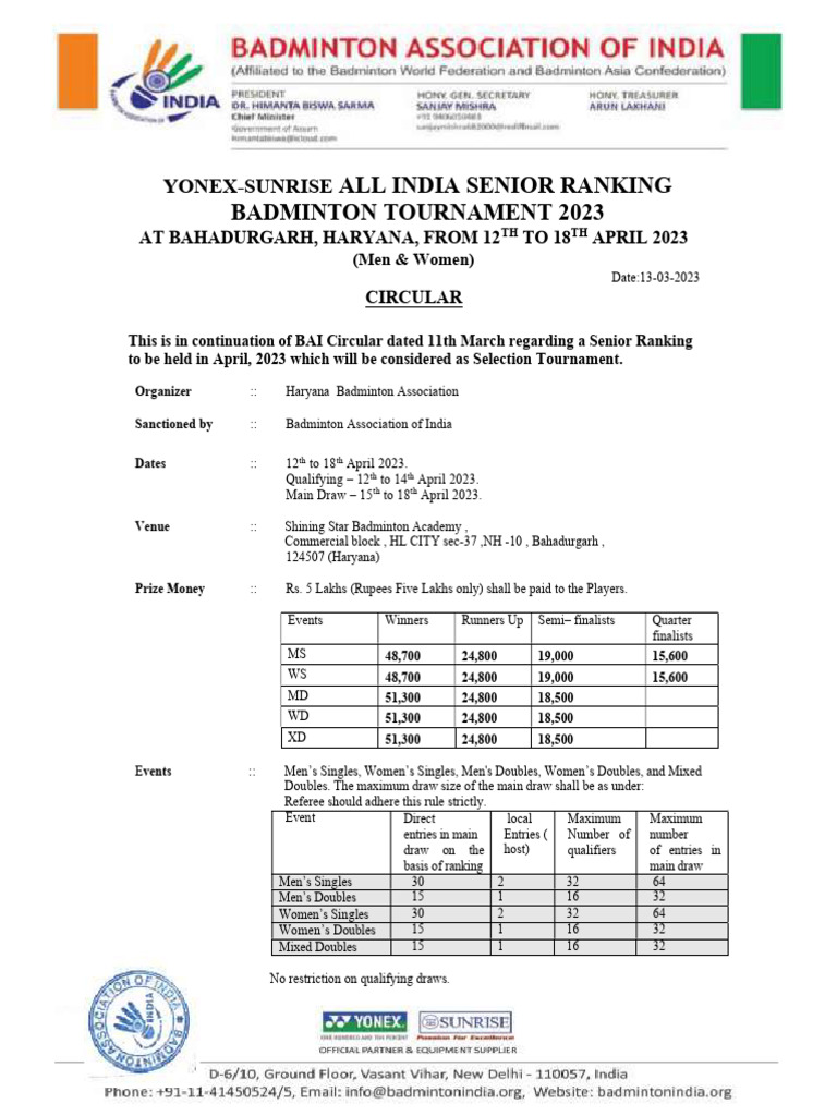 BAI Circular - Yonex Surnise All India Senior Ranking at Bahadurgarh ...