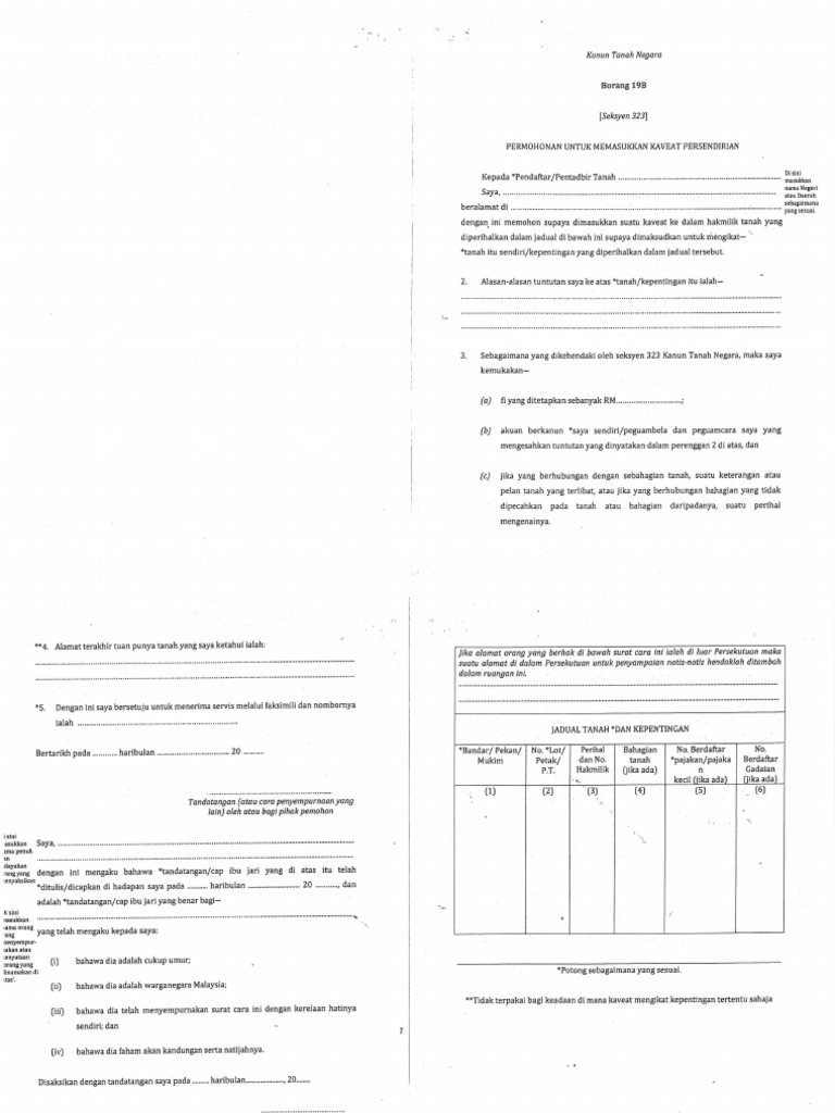 Borang Permohonan Memasukan Kaveat Persendirian 19B | PDF