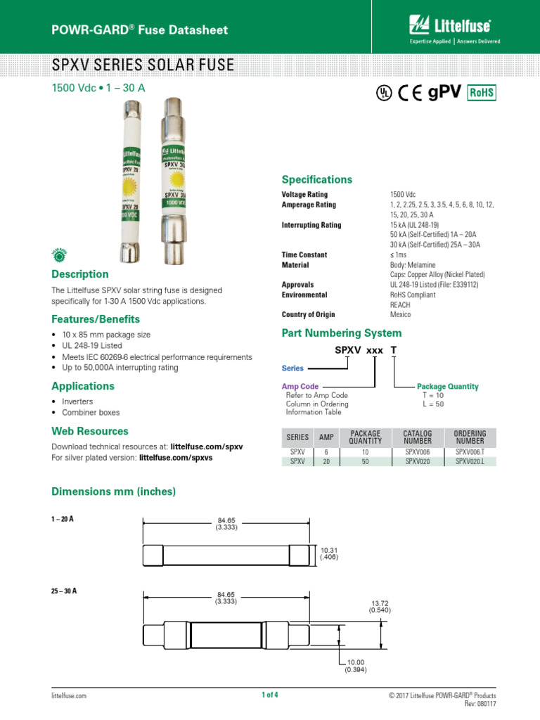 Littelfuse Fuse Solar SPXV Datasheet | PDF | Fuse (Electrical) | Physical Sciences