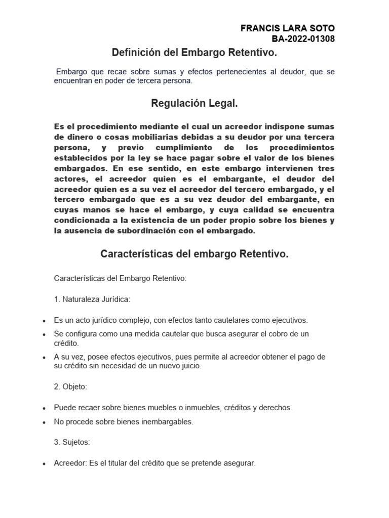 FRANCIS LARA SOTO Definición Del Embargo Retentivo | PDF | Mandato | Pagaré