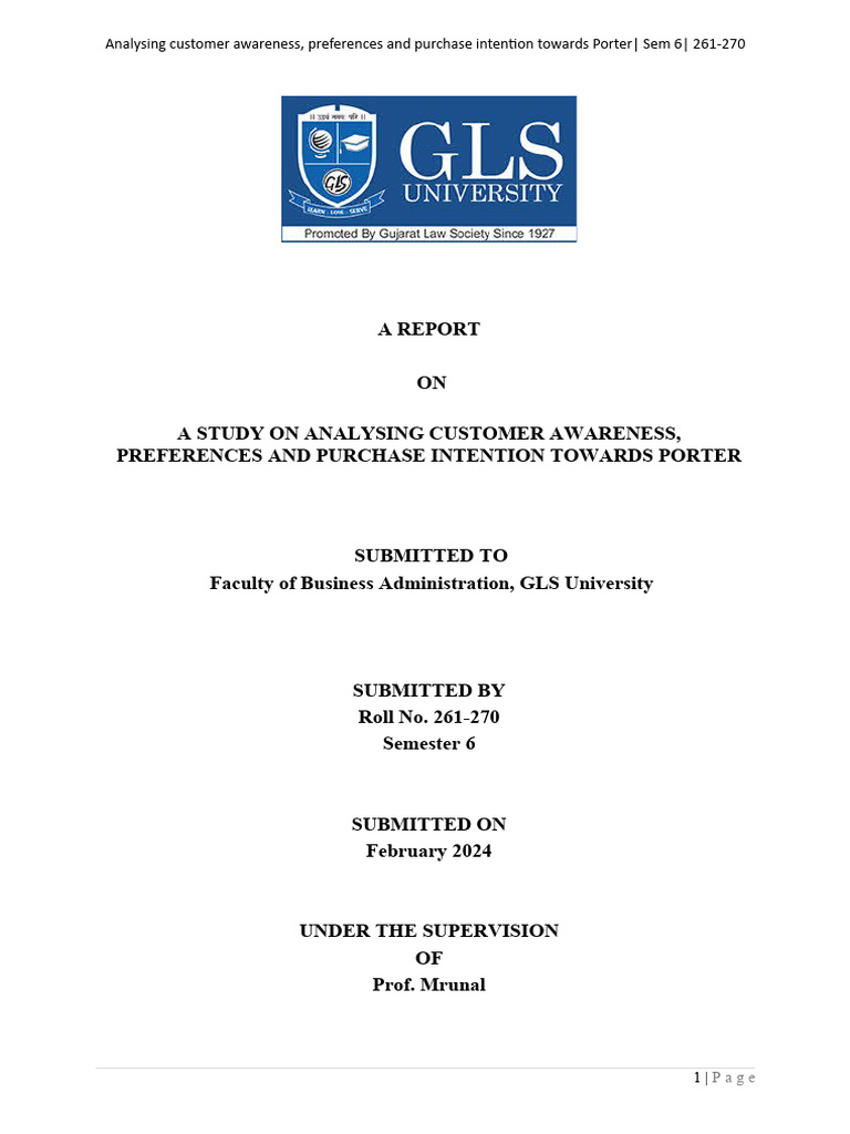 Analysing Customer Awareness, Preferences and Purchase Intention Towards Porter - Sem 6 - 261 ...
