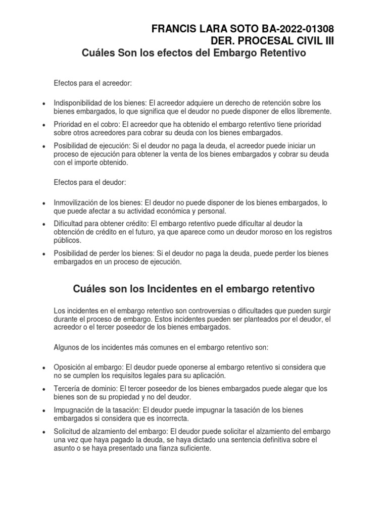 Efectos y Procedimientos del Embargo Retentivo | PDF | Sentencia (ley ...