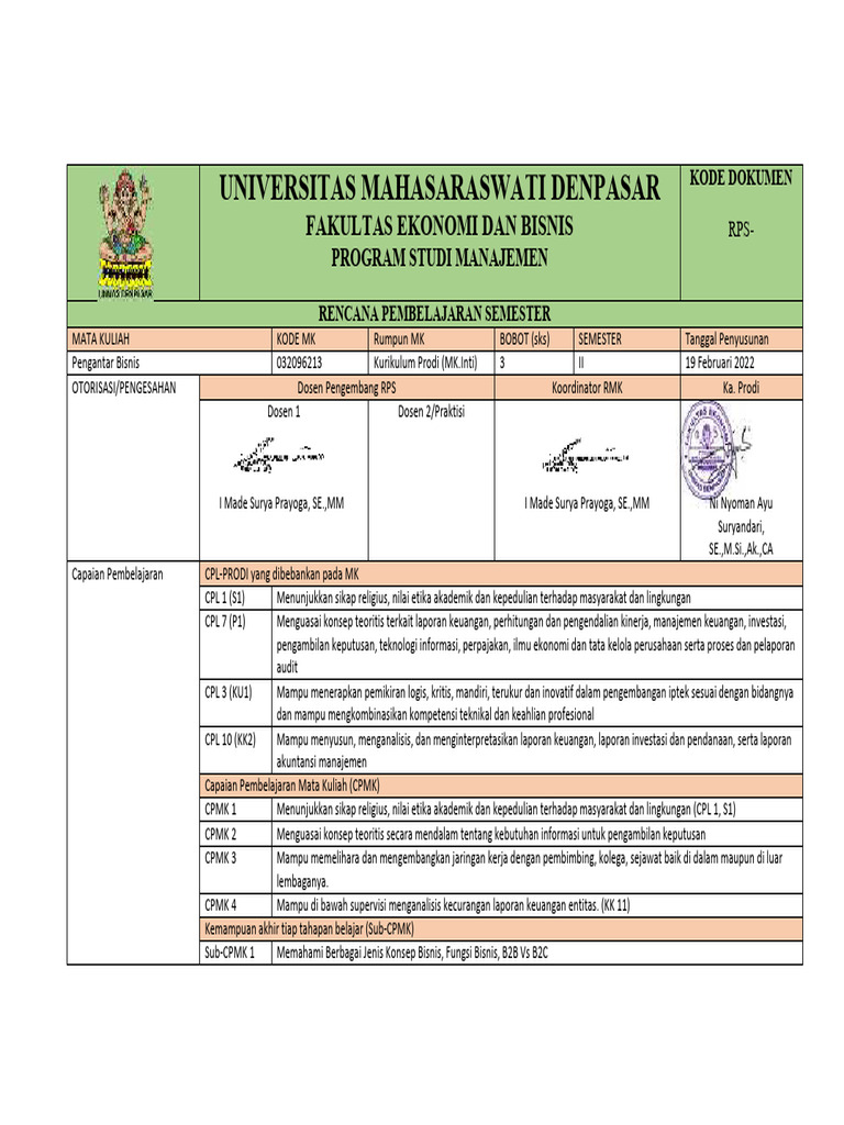 RPS OBE Pengantar Bisnis Atau Pengembangan Bisnis | PDF