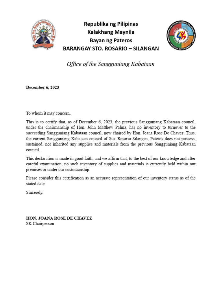 Certificate of No Inventory of Supplies and Materials | PDF