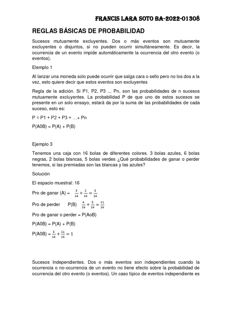 REGLAS BÁSICAS DE PROBABILIDAD | PDF | Probabilidad | Matemáticas