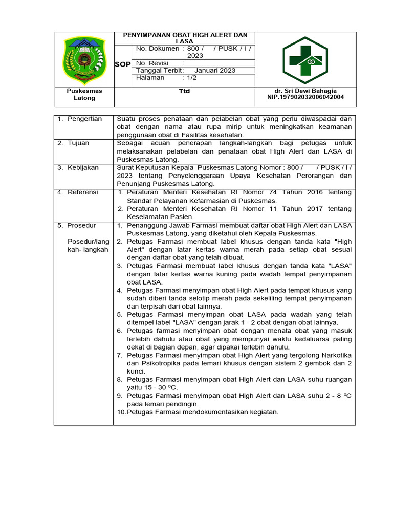 Sop Penyimpanan Obat High Alert Dan Lasa Pdf