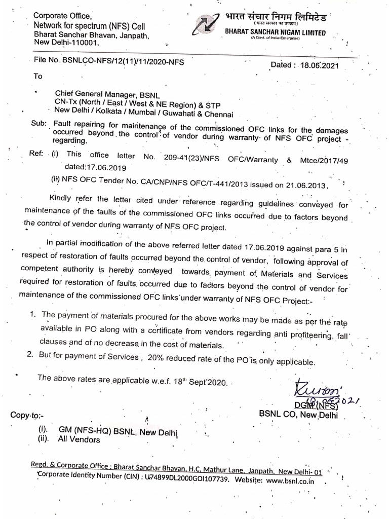 Rate Approval Letter - 18062021 For Work Under BTC | PDF