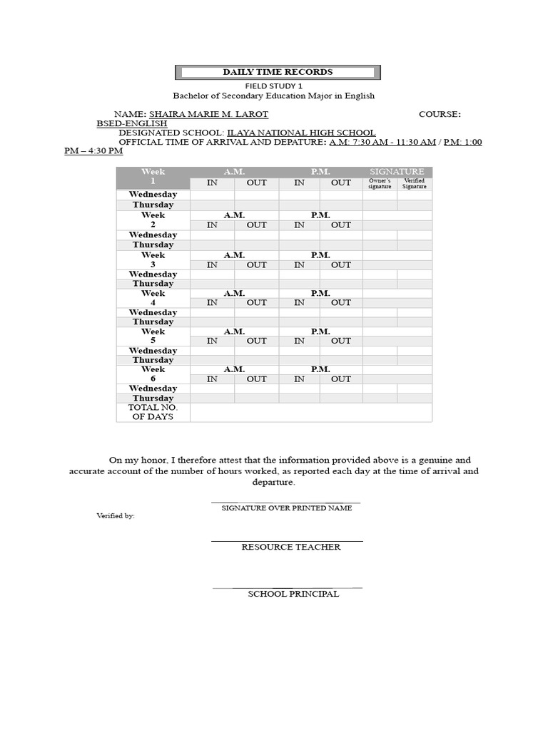 Daily Time Records: Week 1 A.M. P.M | PDF