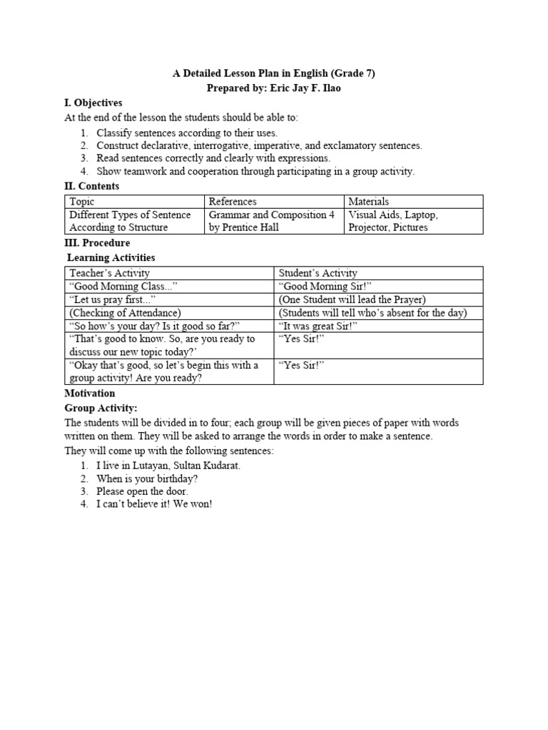 A Detailed Lesson Plan in English | PDF | Question | Sentence (Linguistics)