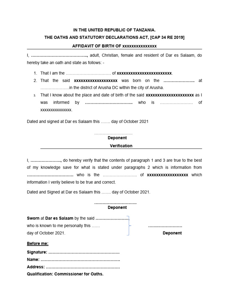 Affidavit of Birth Template Tanzania | PDF | Social Science | Law