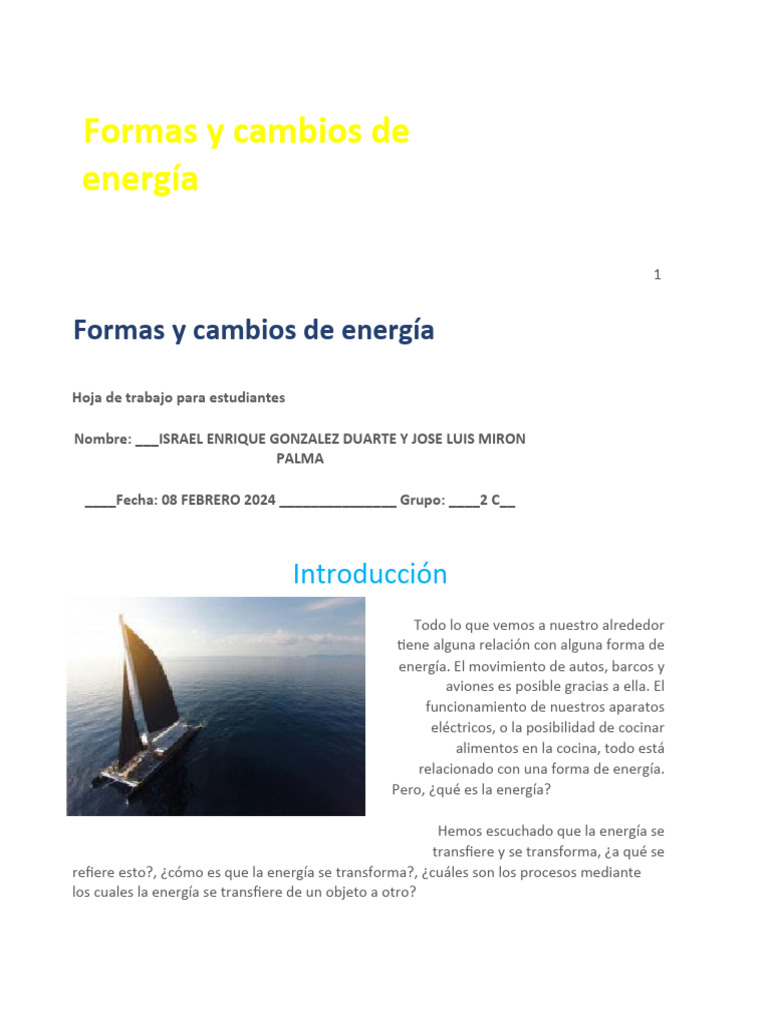 2 - Hoja de Trabajo para El Estudiante CAMBIOS Y FORMAS de ENERGÍA ...