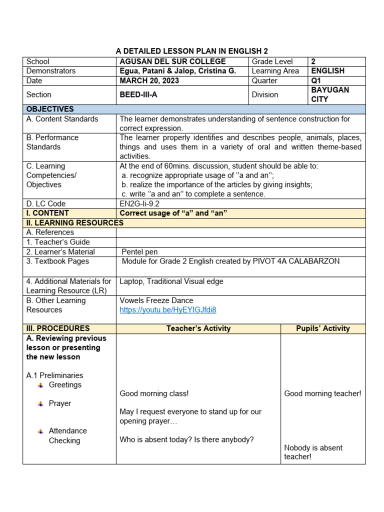 English 2 Detailed Lesson Plan - Eguajalop | PDF | Consonant | Teachers