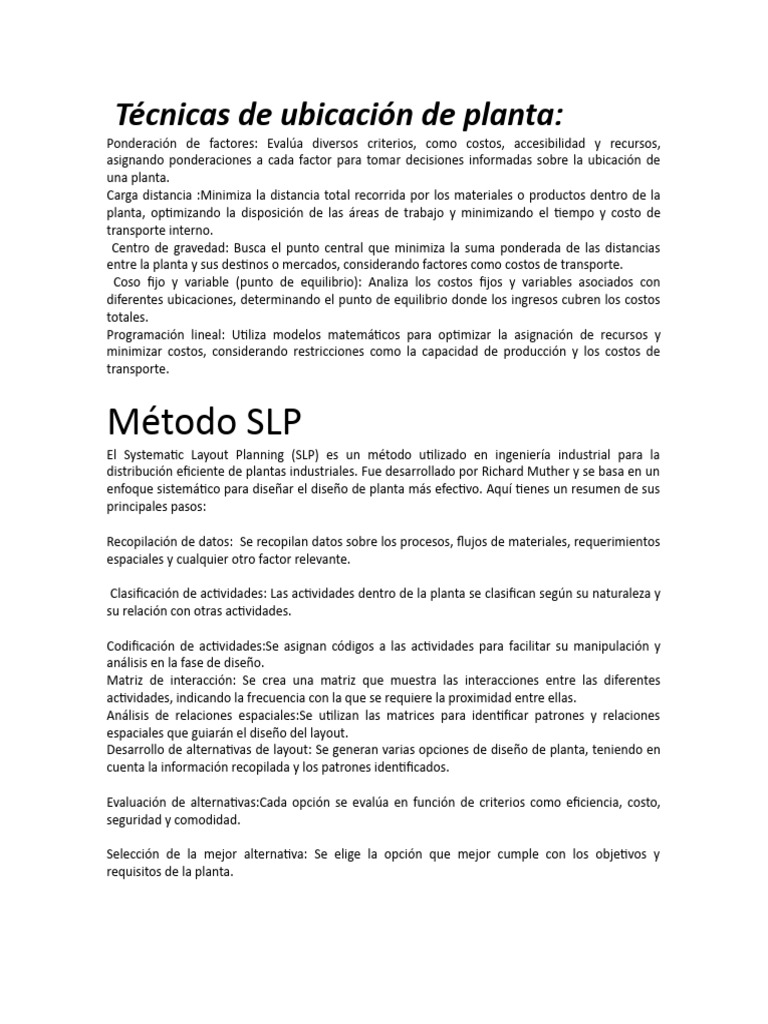 Método SLP: Técnicas de Ubicación de Planta | PDF | Producto (Negocio) | Diseño