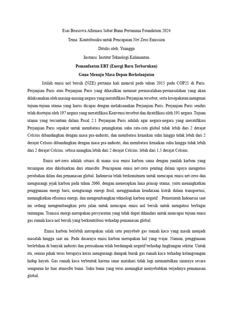 Esai Untuk Beasiswa Afirmasi Sobat Bumi Pertamina Foundation 2024 | PDF