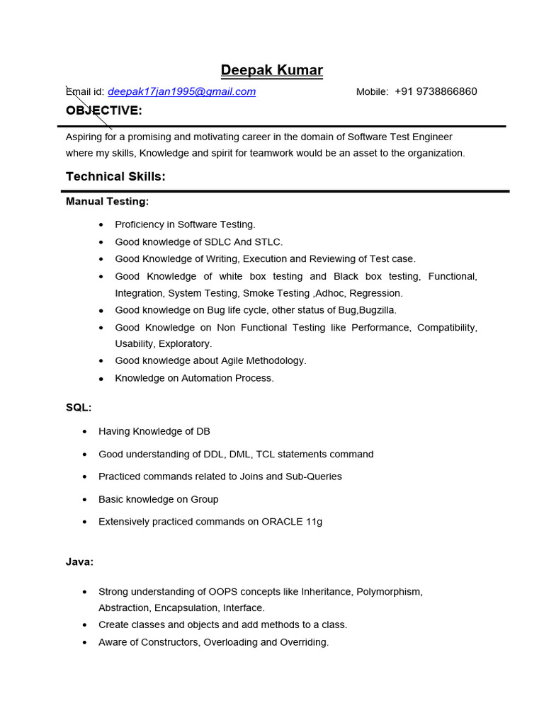 Deepak Resume | Download Free PDF | Software Testing | Class (Computer ...