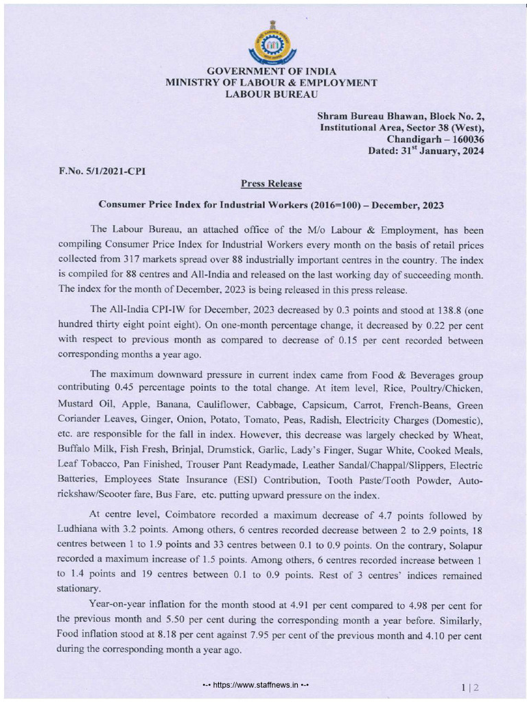 CPI-IW December 2023 Press Release | PDF | Agriculture | Food And Drink