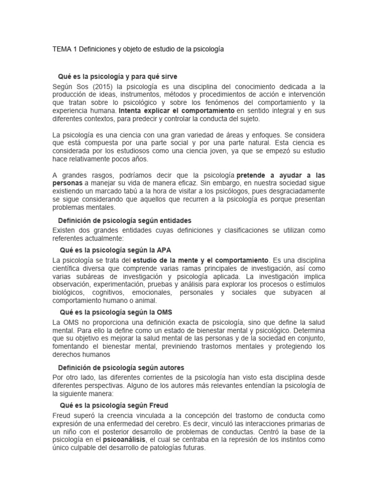 TEMA 1 Definiciones y Objeto de Estudio de La Psicología | PDF | Sicología | Mente